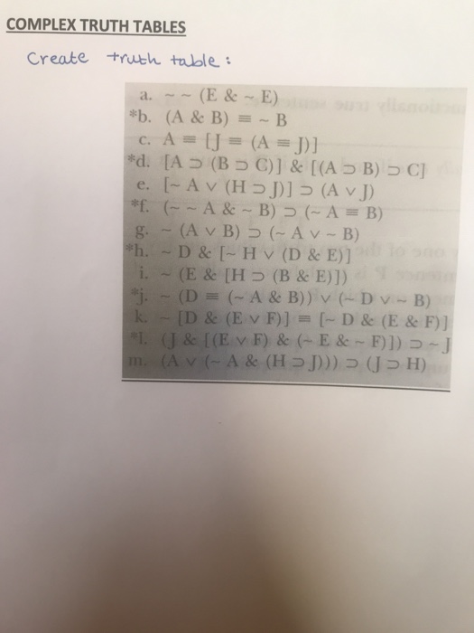 Solved COMPLEX TRUTH TABLES Create truth table a. ~~(E&~E) | Chegg.com