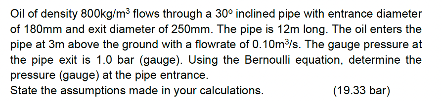 Solved Oil of density 800 kg/m3 flows through a 30∘ inclined | Chegg.com