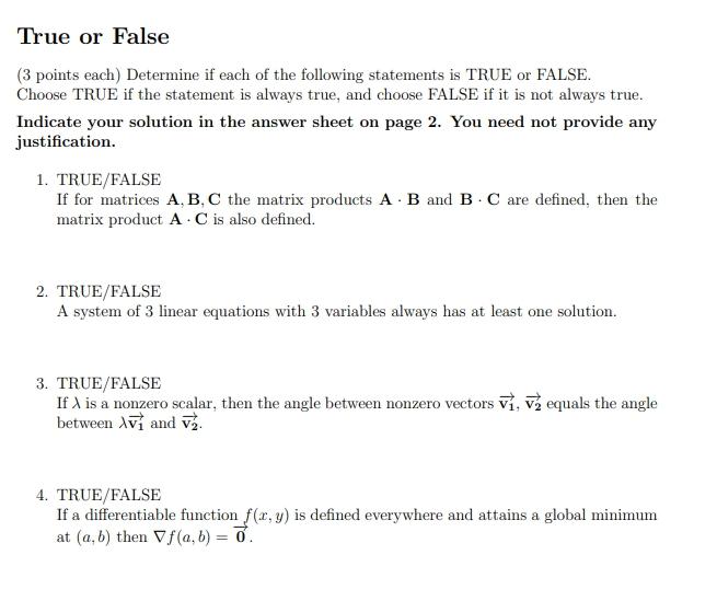 Solved True or False (3 points each) Determine if each of | Chegg.com