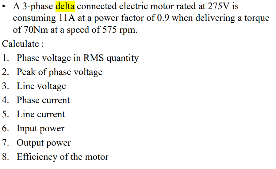 Solved - A 3-phase delta connected electric motor rated at | Chegg.com