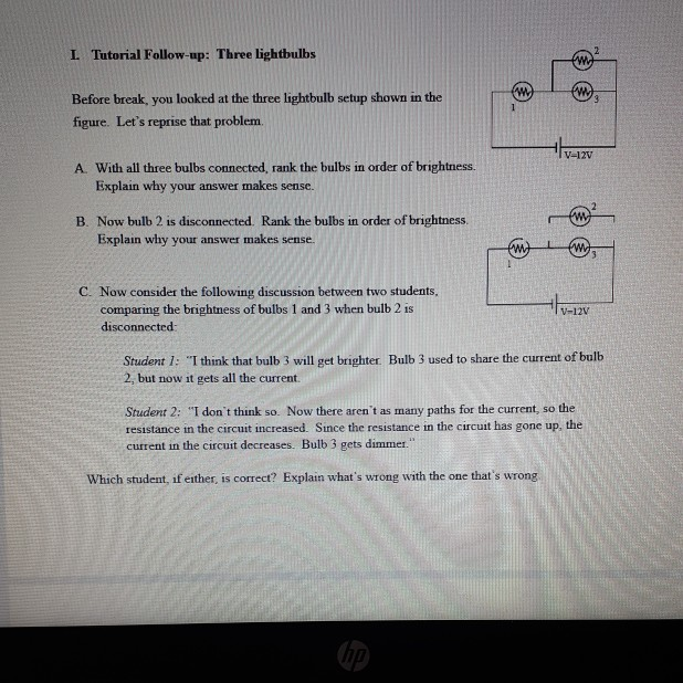 Solved L Tutorial Follow-up: Three lightbulbs Before break, | Chegg.com