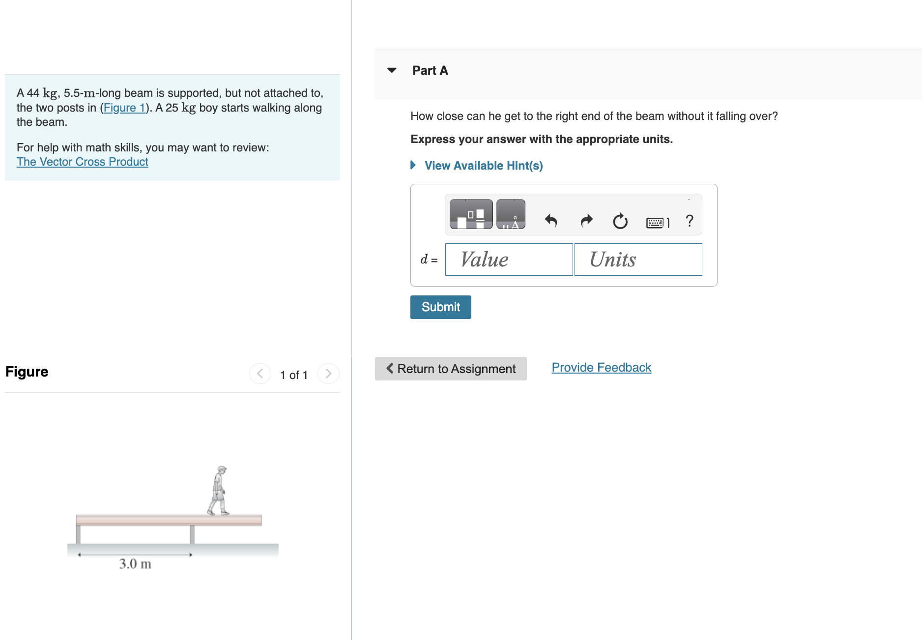 Solved A 44 kg,5.5−m-long beam is supported, but not | Chegg.com