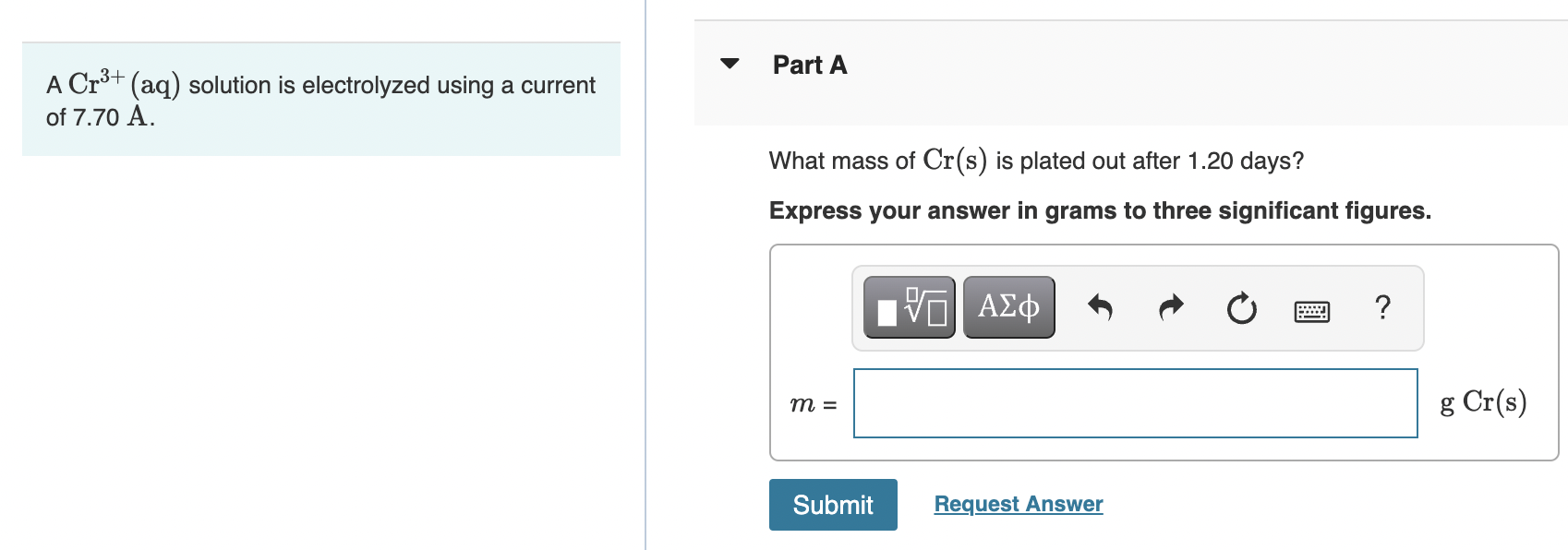 Solved ACr3+(aq) solution is electrolyzed using a current | Chegg.com