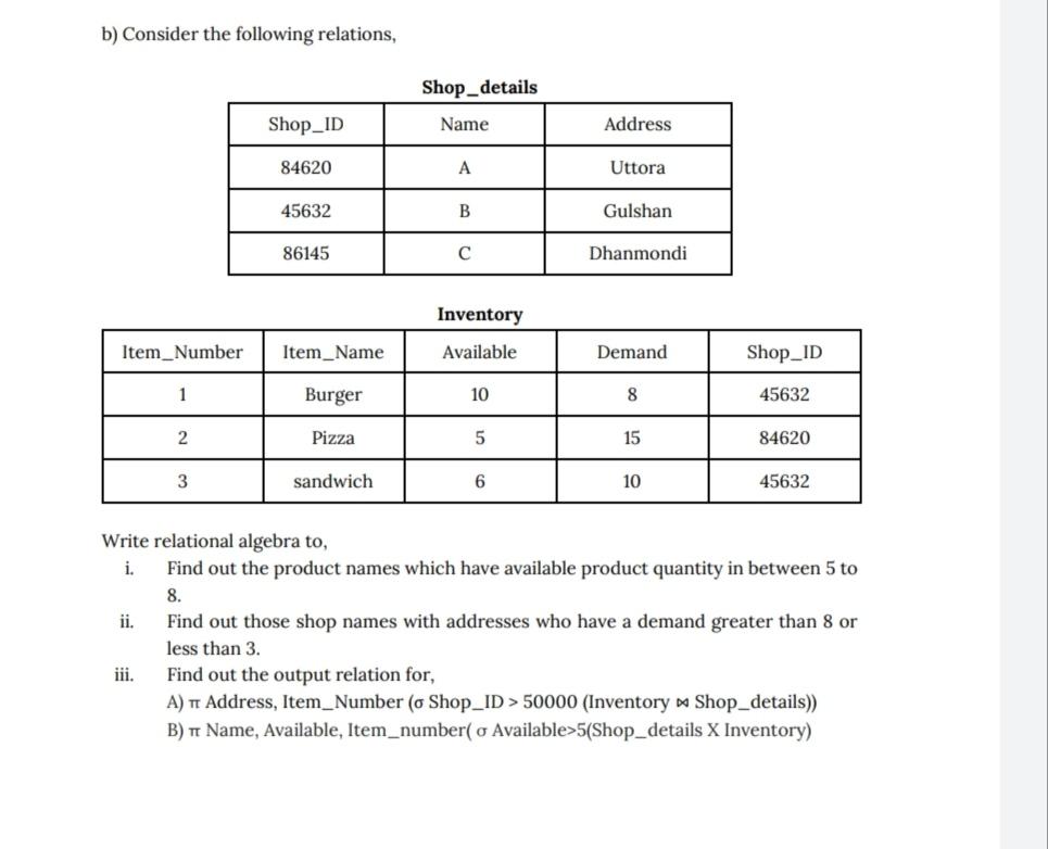 Solved b) Consider the following relations, Inventorv Write | Chegg.com