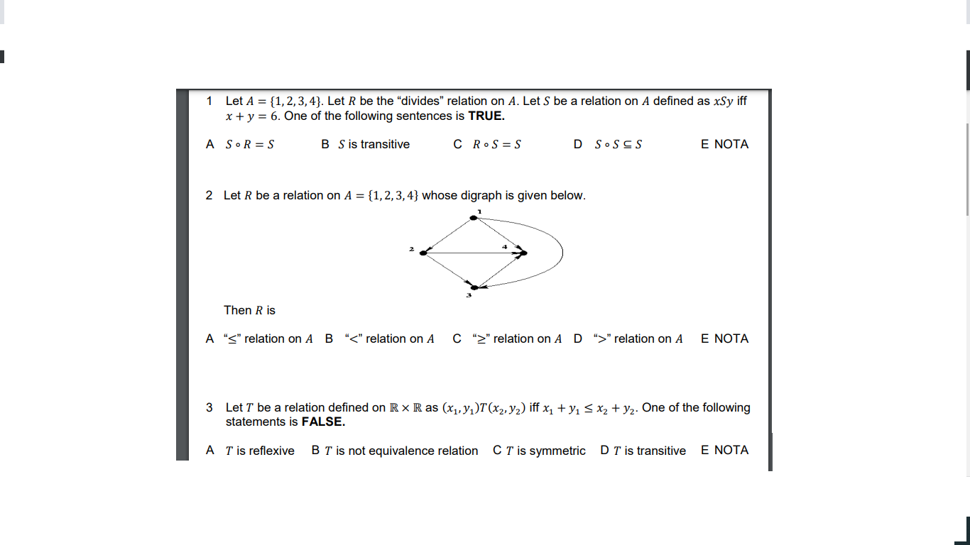 Solved 1 Let A={1,2,3,4}. Let R be the "divides" relation on | Chegg.com