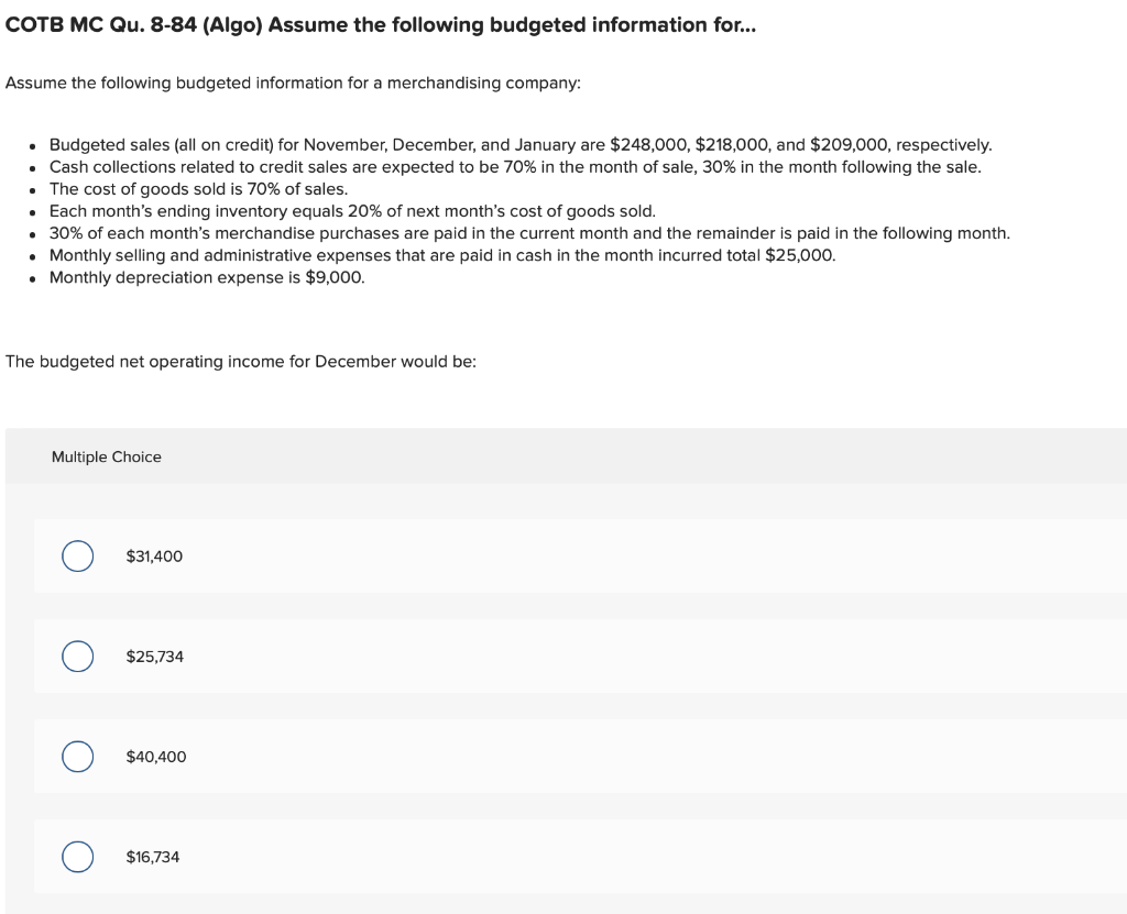 Solved COTB MC Qu. 8-84 (Algo) Assume the following budgeted | Chegg.com