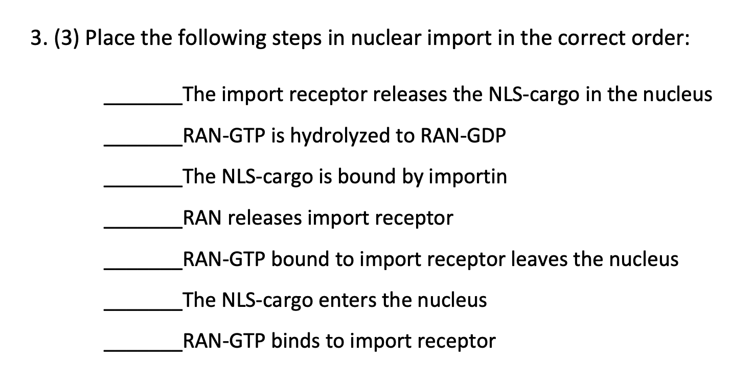 Solved 3. (3) Place the following steps in nuclear import in | Chegg.com