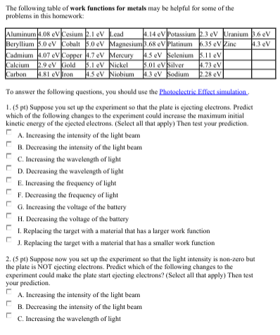 Solved The following table of work functions for metals may | Chegg.com