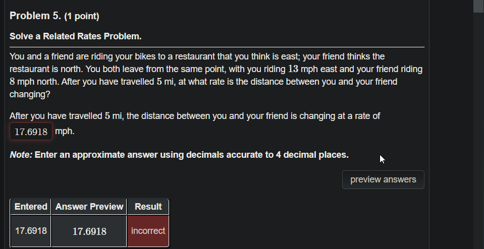 Solved Problem 5. (1 point) Solve a Related Rates Problem. | Chegg.com
