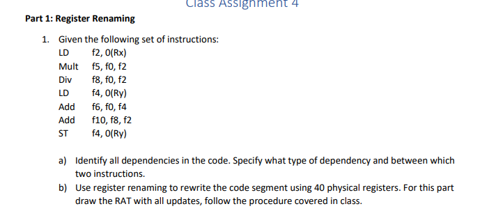 Solved Class Assignment 4 Part 1: Register Renaming 1. Given | Chegg.com