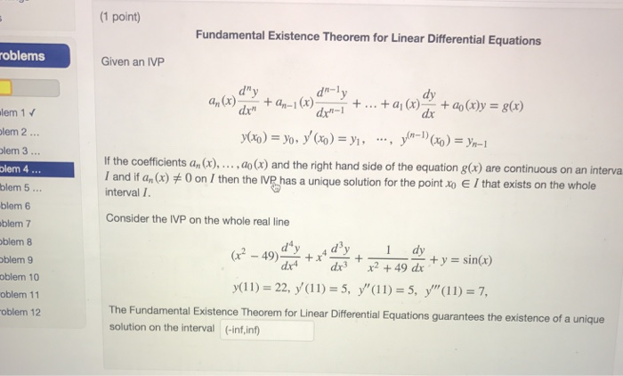 Solved (1 point) Fundamental Existence Theorem for Linear | Chegg.com