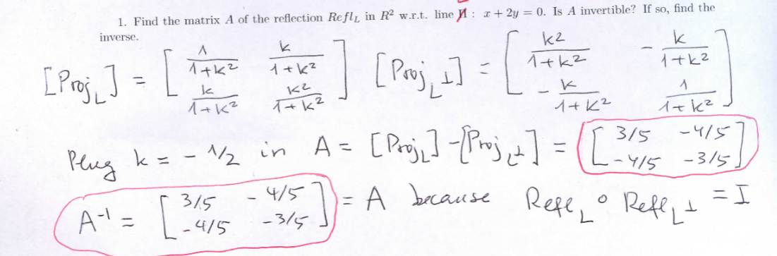 Solved Find the matrix A of the reflection Refla w.r.t. | Chegg.com