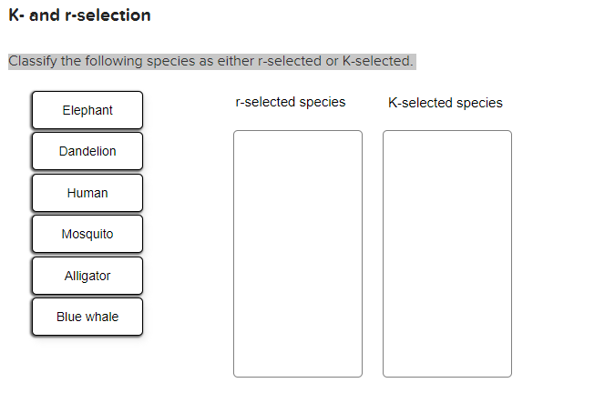 Solved K- and r-selection Classify the following species as | Chegg.com