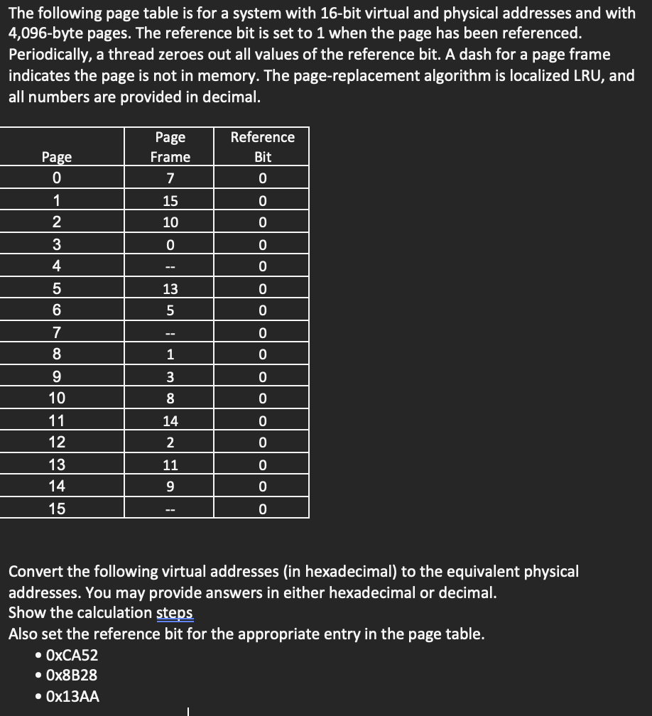 Solved The following page table is for a system with 16 -bit | Chegg.com
