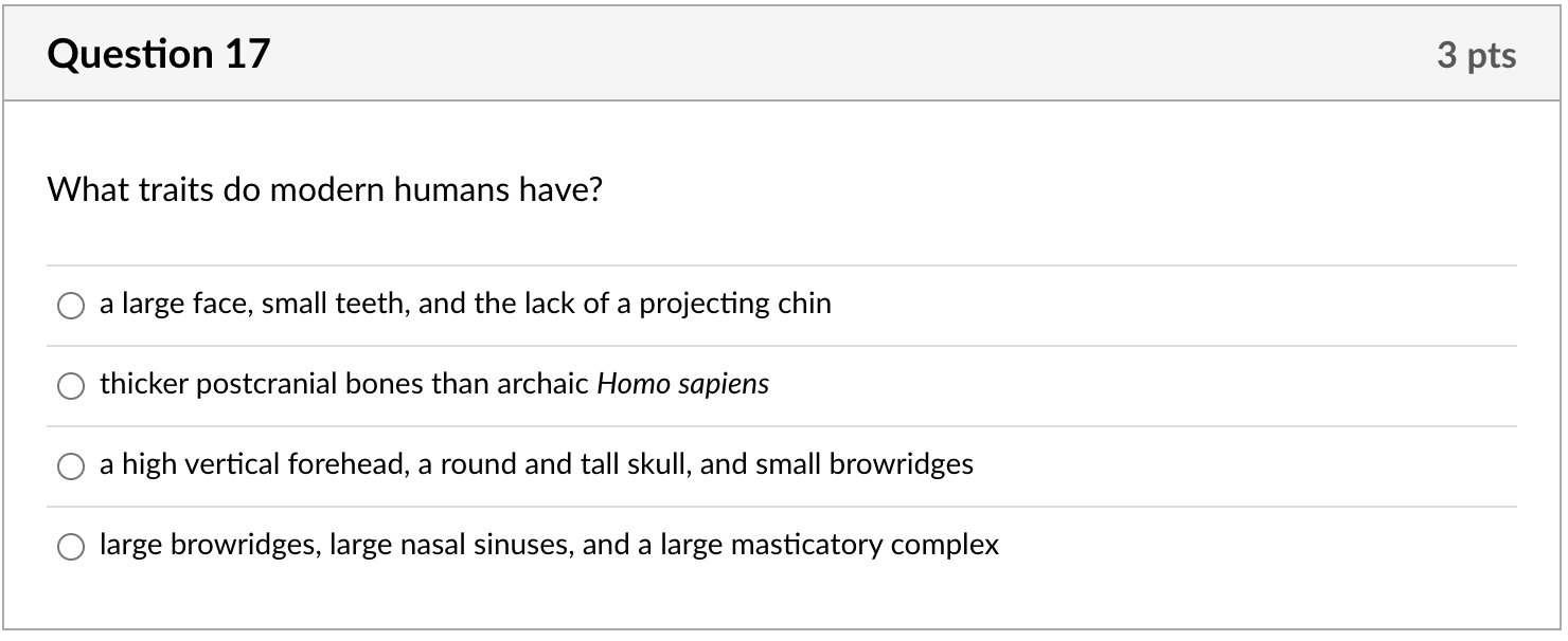 Solved Question 17 3 pts What traits do modern humans have? | Chegg.com