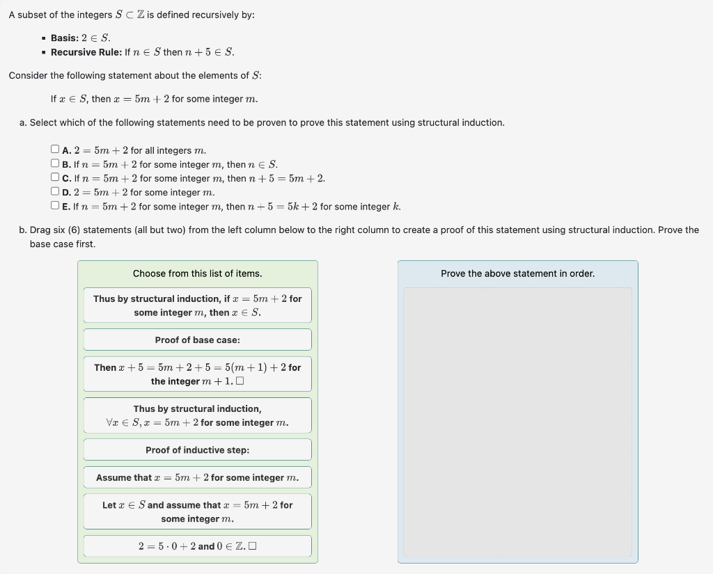 Solved A subset of the integers S⊂Z is defined recursively | Chegg.com