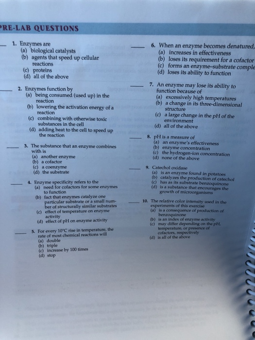 Solved RE-LAB QUESTIONS 1. Enzymes are 6. When an enzyme | Chegg.com