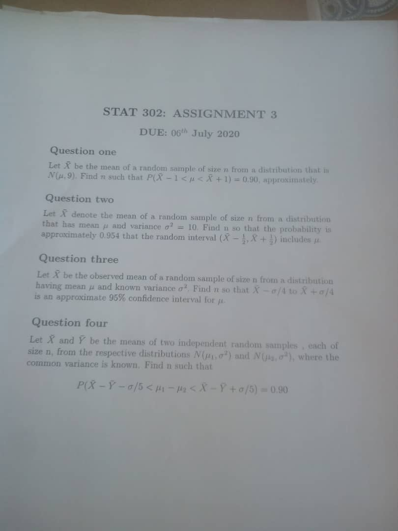 Solved STAT 302: ASSIGNMENT 3 DUE: 06th July 2020 Question | Chegg.com