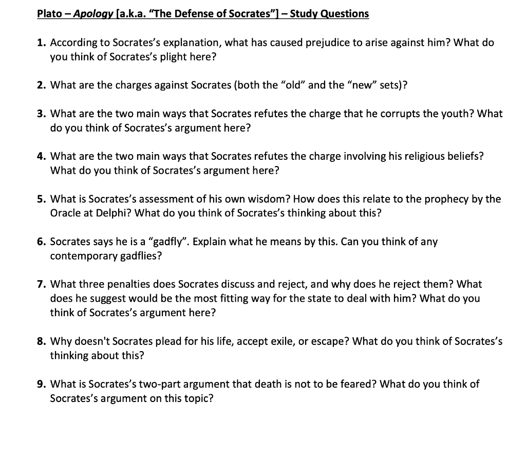 Solved Plato - Apology (a.k.a. "The Defense of Socrates"] - | Chegg.com