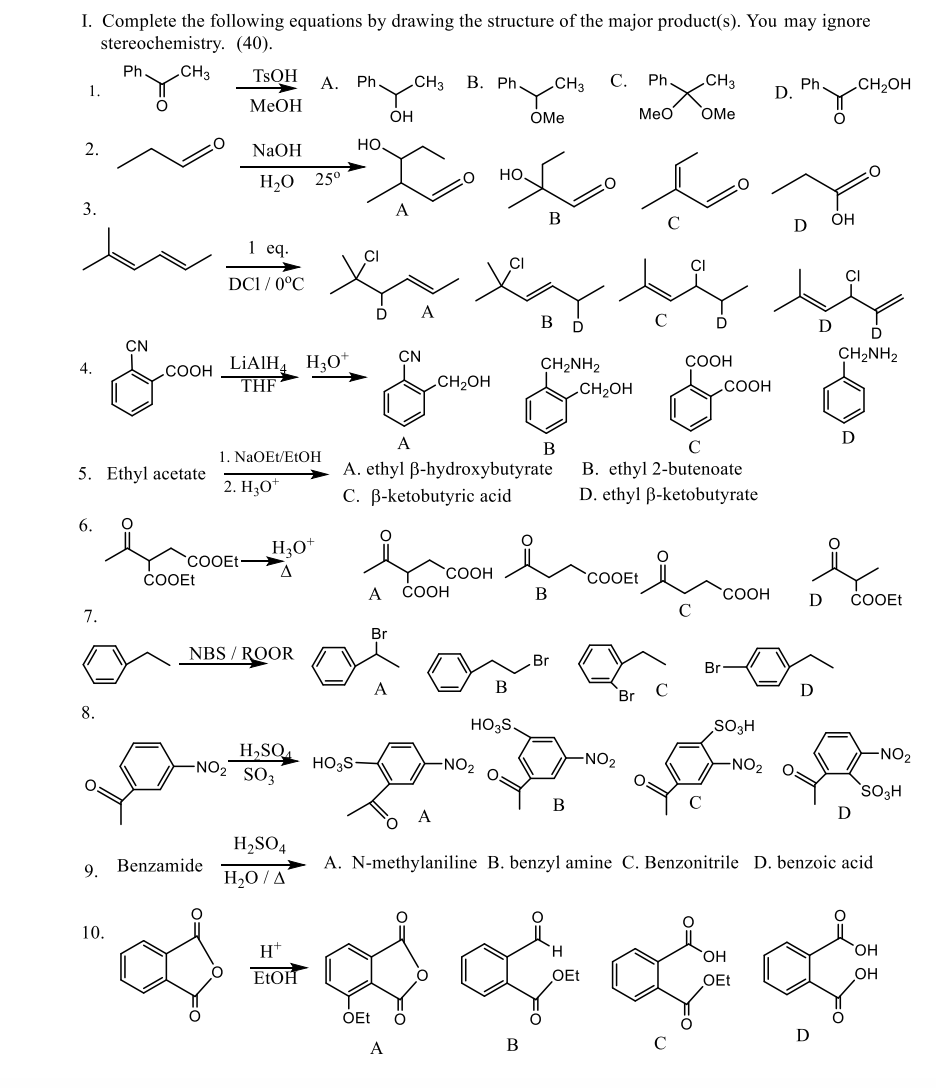Solved I. Complete the following equations by drawing the | Chegg.com