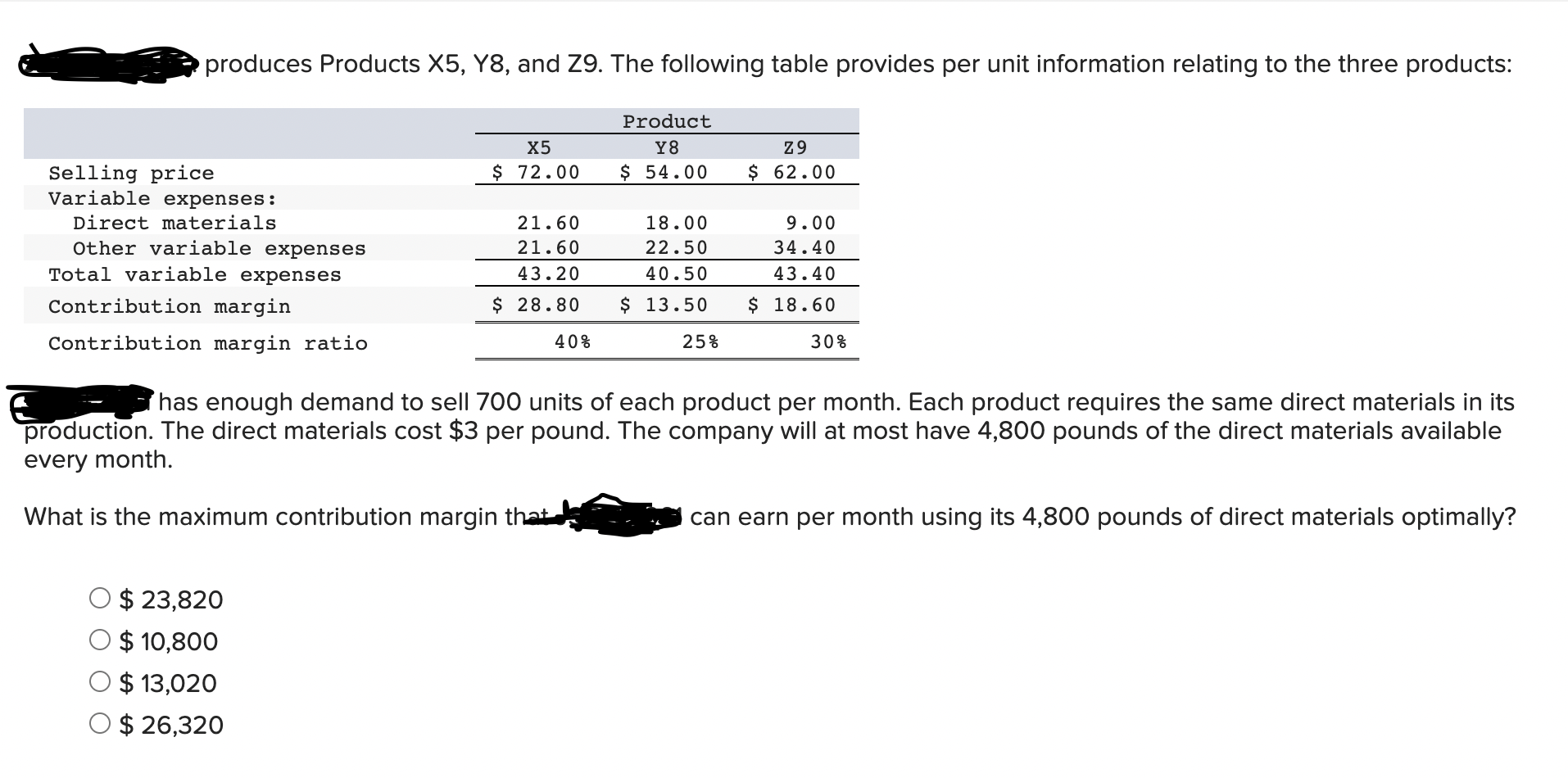 Solved produces Products X5,Y, and Z9. The following table | Chegg.com