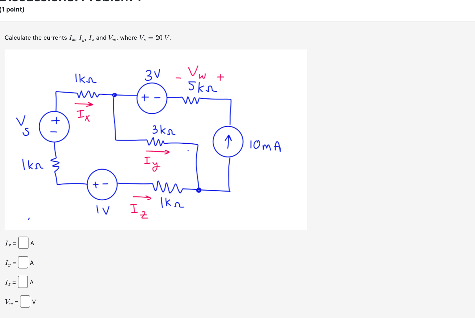 Solved (1 ﻿point)Calculate the currents Ix,Iy,Iz ﻿and Vw, | Chegg.com