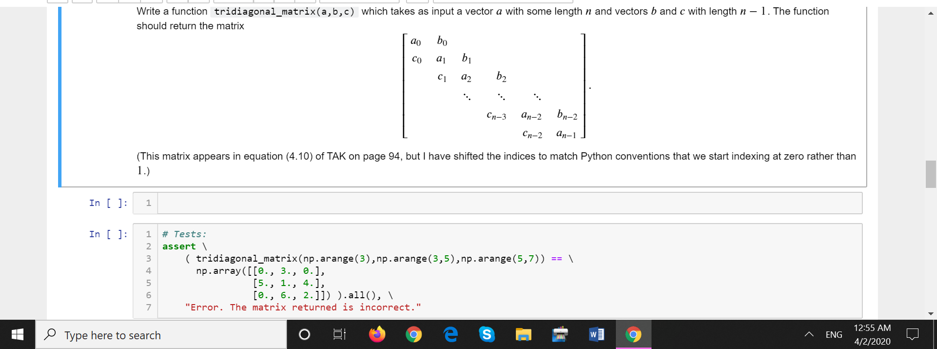 Write a function tridiagonal_matrix(a,b,c) which | Chegg.com