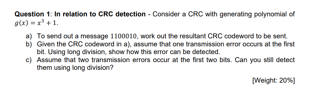Solved Question 1: In relation to CRC detection - Consider a | Chegg.com