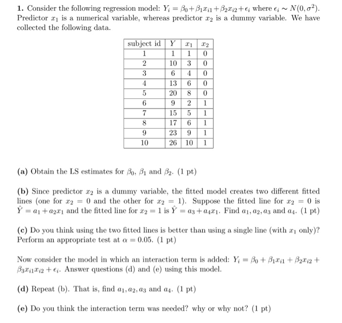 Solved 1. Consider the following regression model: Yi = | Chegg.com