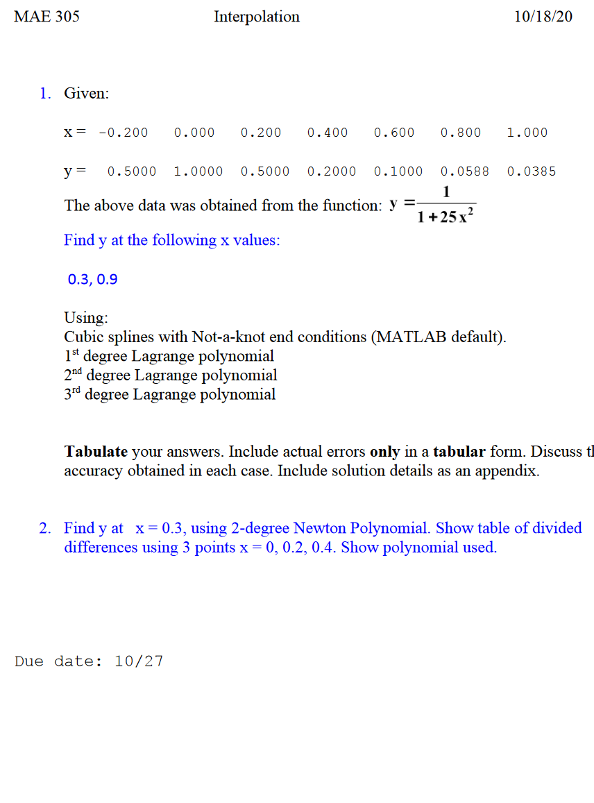 Solved MAE 305 Interpolation 10/18/20 1. Given: x= -0.200 | Chegg.com