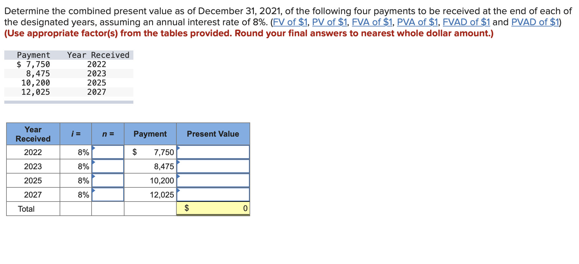 Solved Determine the combined present value as of December | Chegg.com