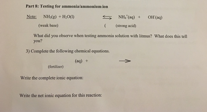 Solved What did you observe when testing ammonia solution | Chegg.com