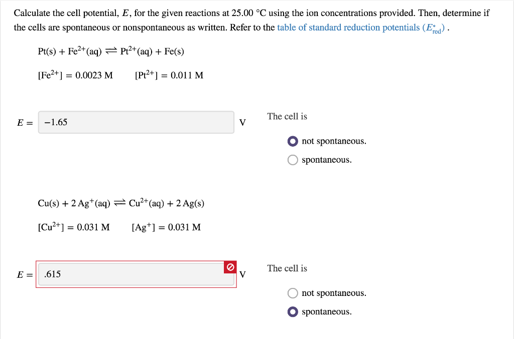 Solved Calculate The Cell Potential E For The Given