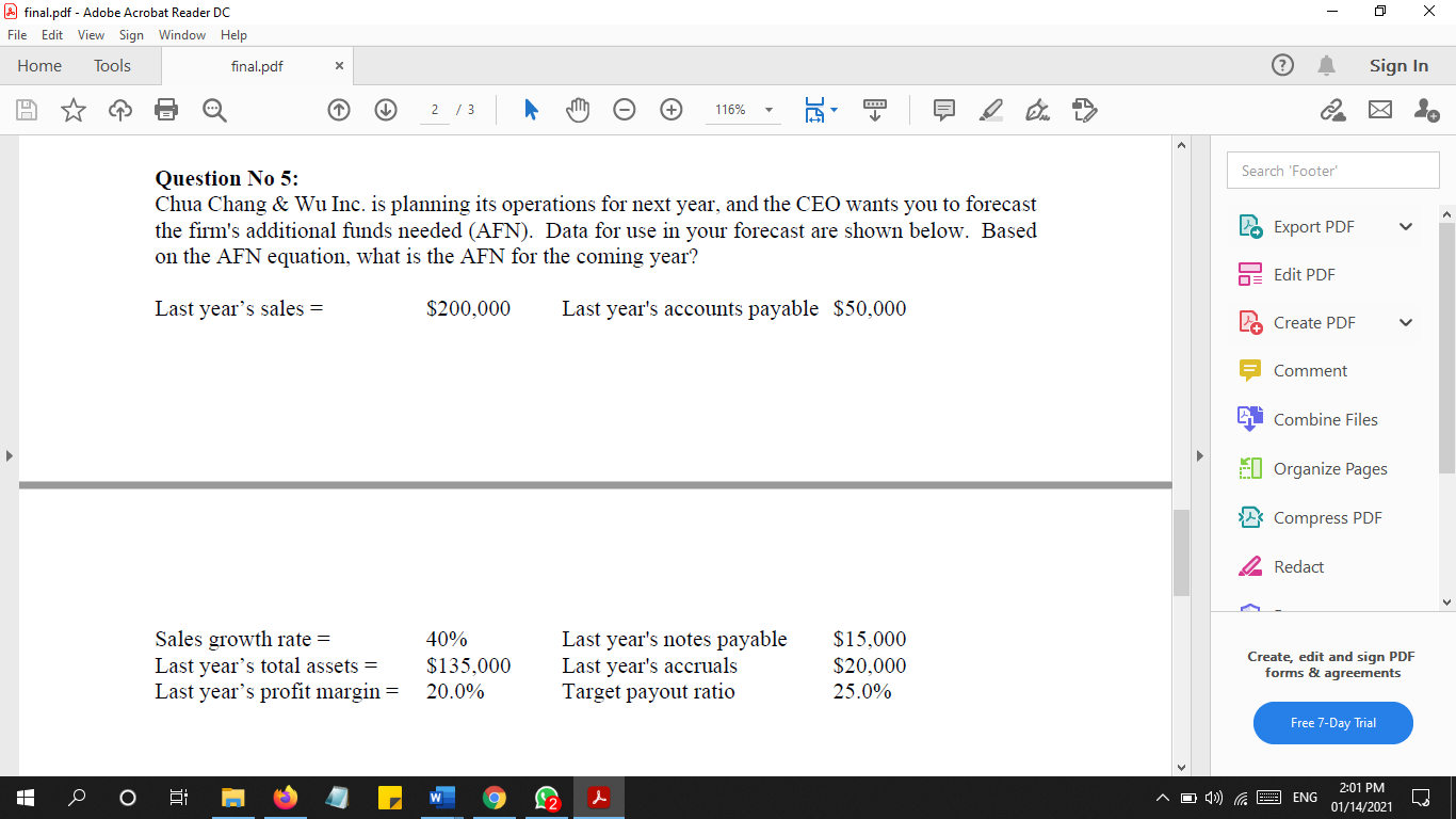 Solved - х A final.pdf - Adobe Acrobat Reader DC File Edit | Chegg.com