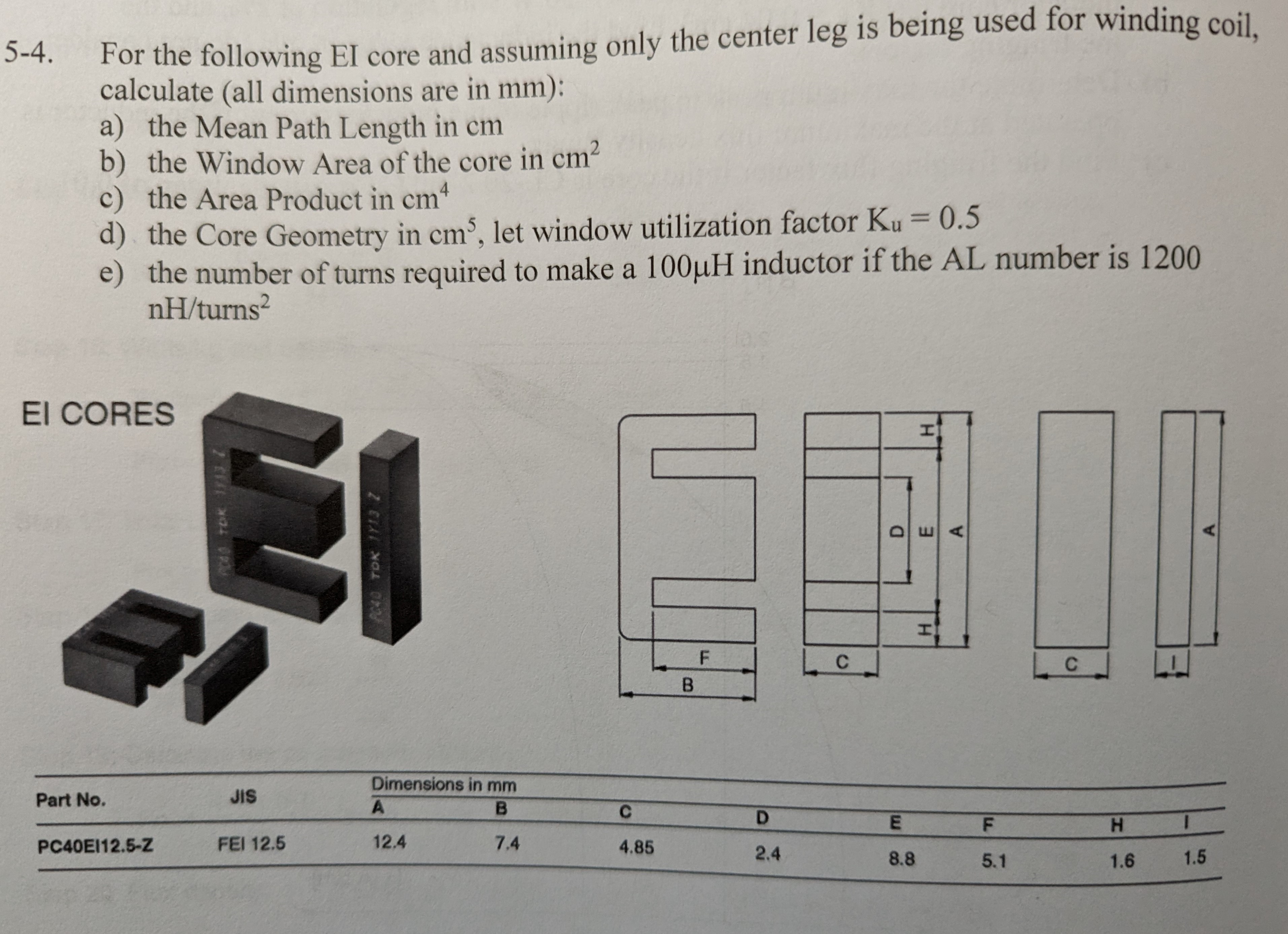 Solved 5-4. For the following EI core and assuming only the | Chegg.com