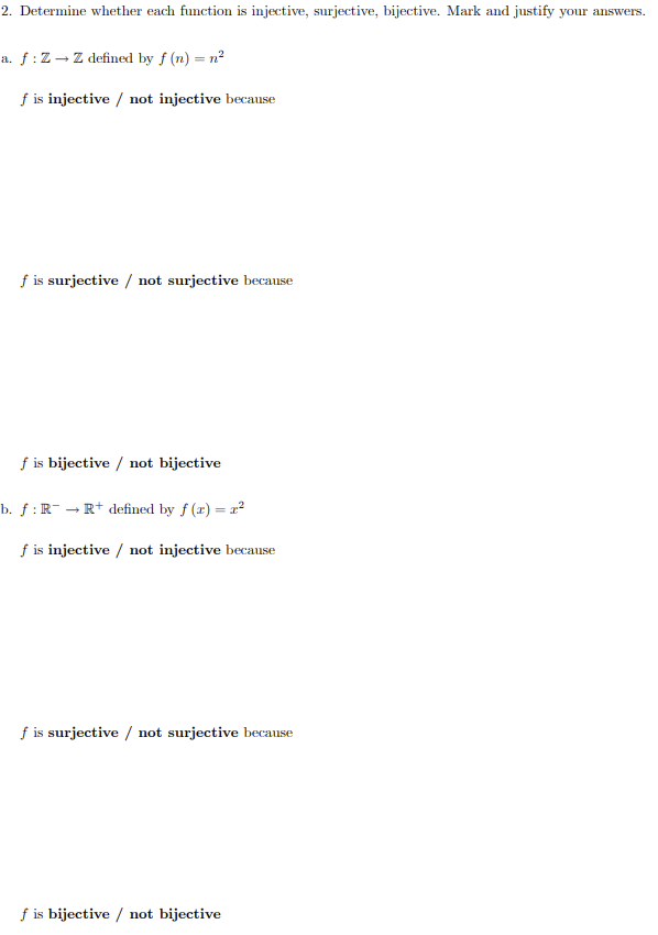 Solved f:Z→Z defined by f(n)=n2 f is injective / not | Chegg.com
