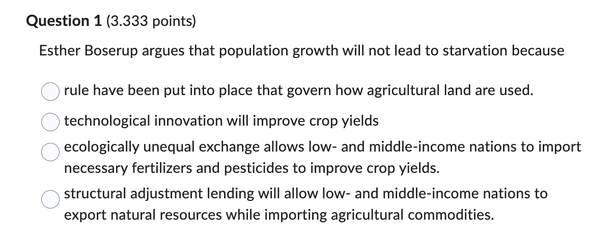 Solved Question 1 (3.333 ﻿points) ﻿Esther Boserup argues | Chegg.com