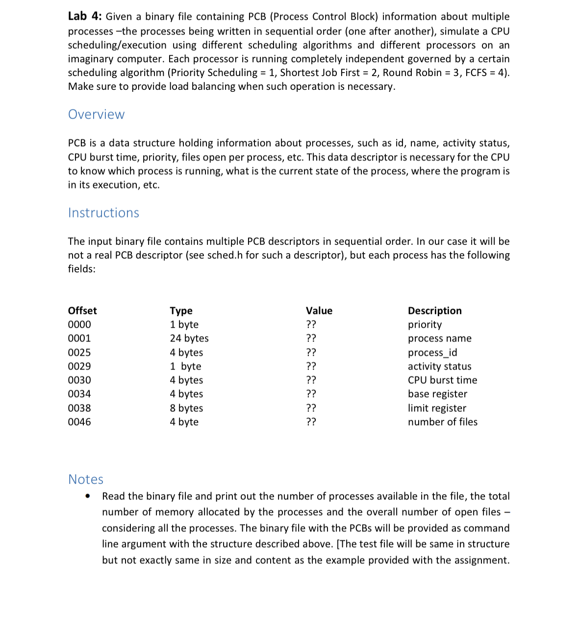 Solved Lab 4: Given a binary file containing PCB (Process | Chegg.com