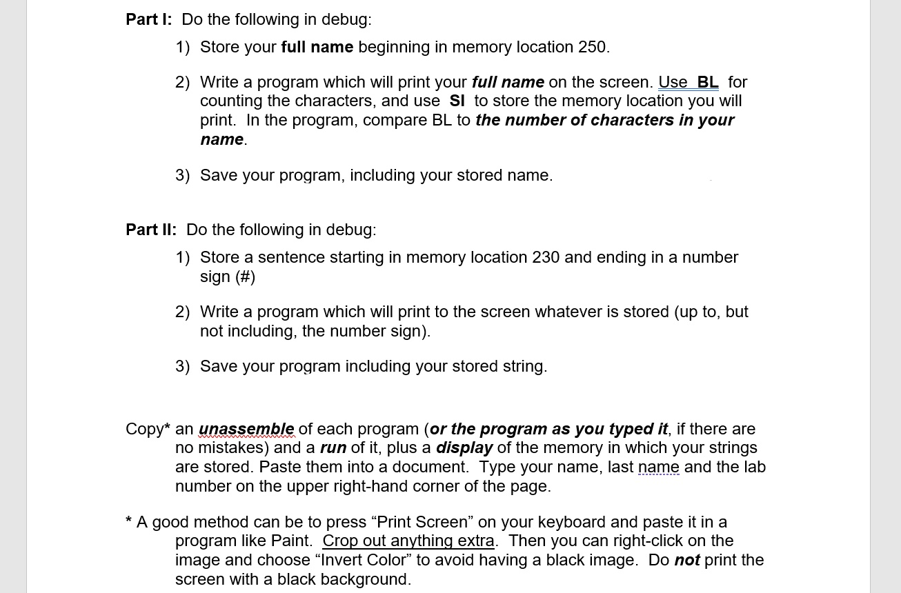Part I: Do the following in debug: 1) Store your full | Chegg.com