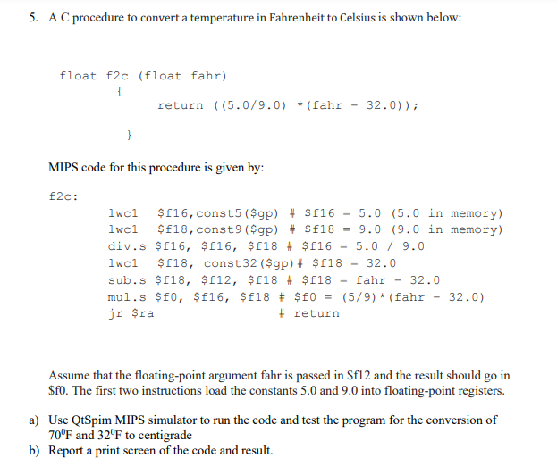 Solved 5. A C procedure to convert a temperature in | Chegg.com