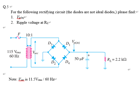 Solved Q.5 For the following rectifying circuit (the diodes | Chegg.com
