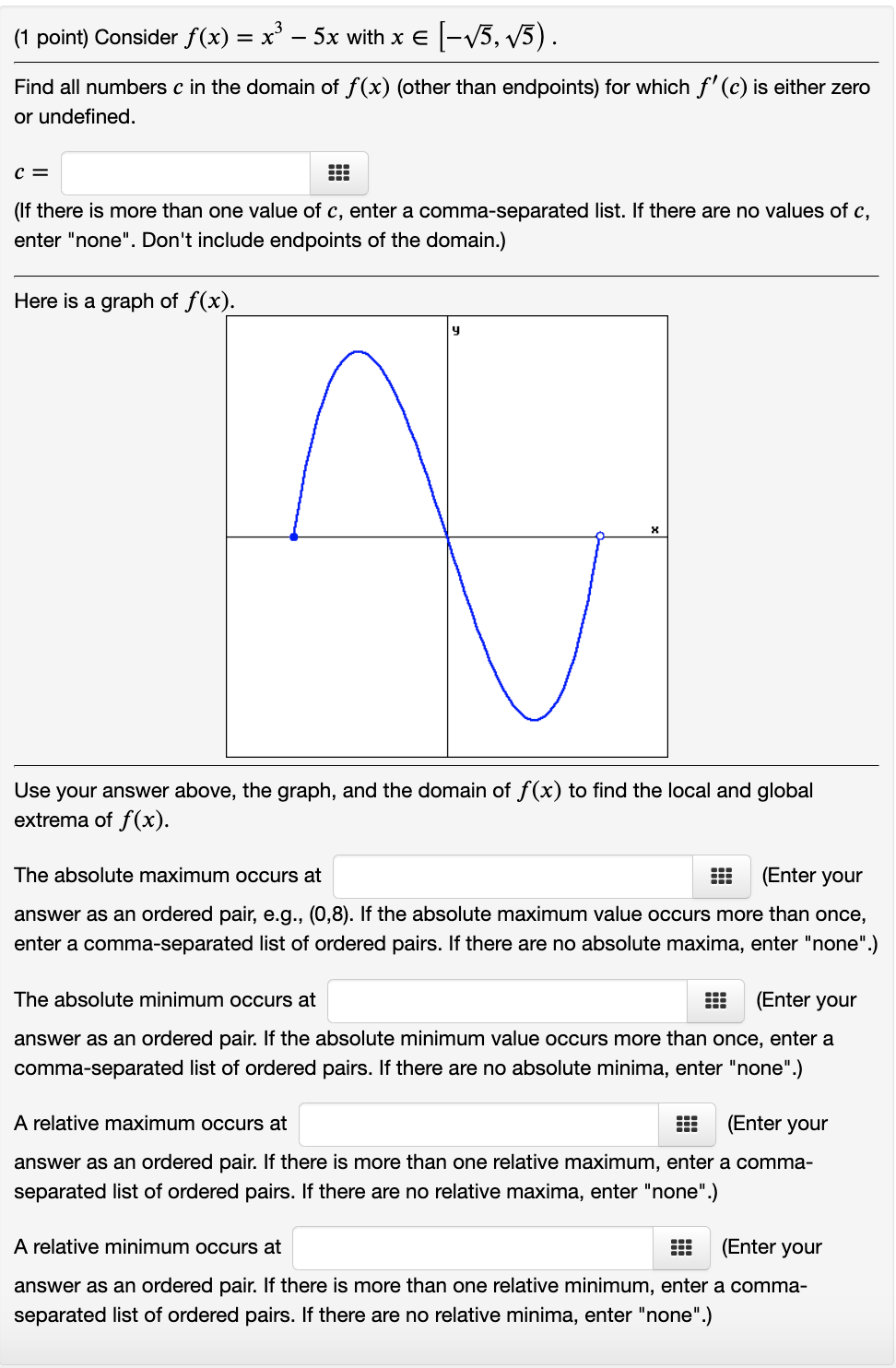 Solved (1 point) Consider f(x)=x3−5x with x∈[−5,5). Find all | Chegg.com