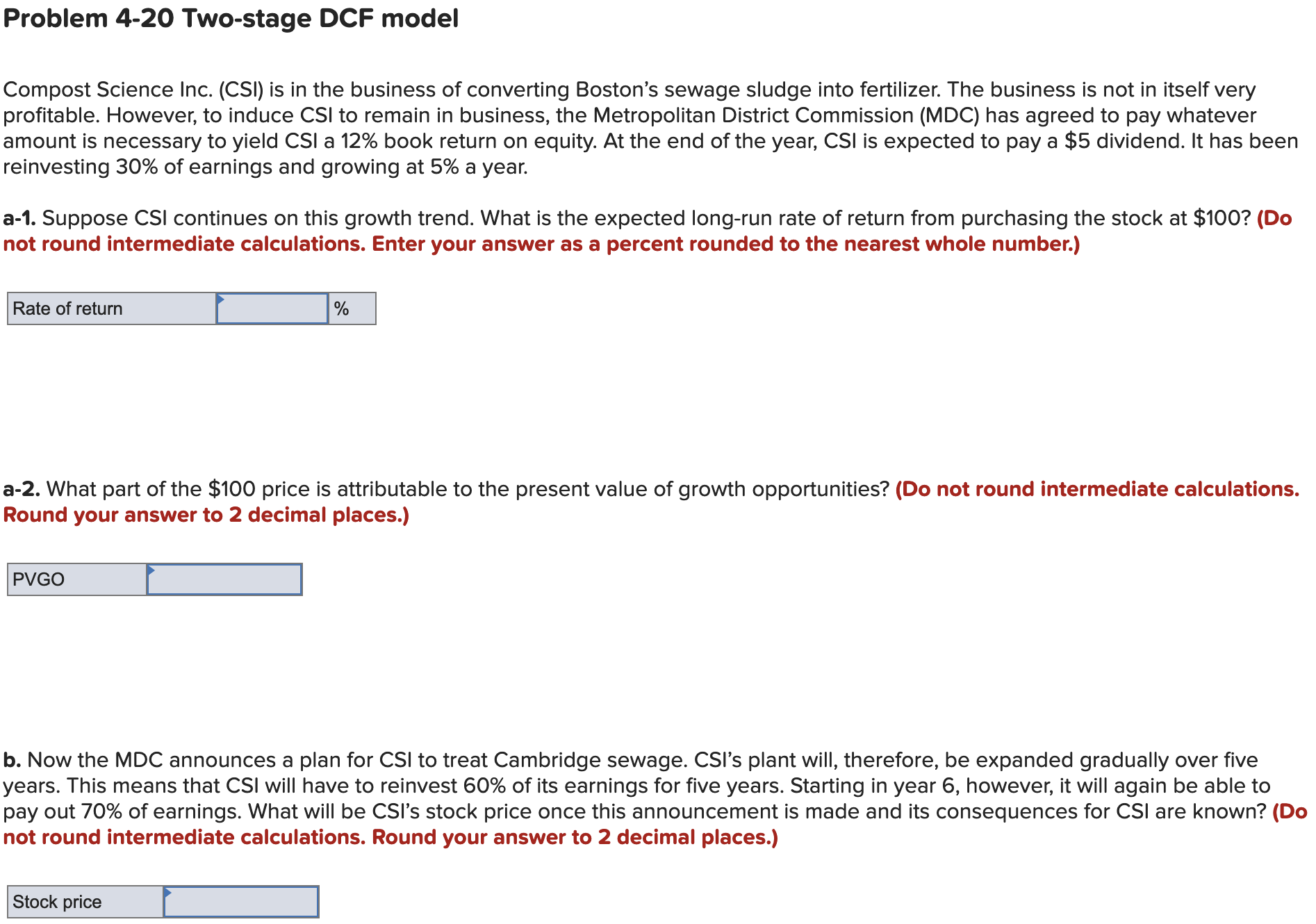 Solved Problem 4-20 Two-stage DCF model Compost Science Inc. | Chegg.com