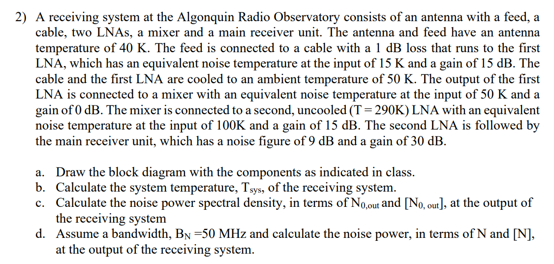 Solved A receiving system at the Algonquin Radio Observatory | Chegg.com