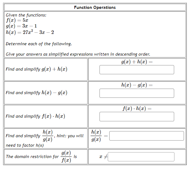 Solved f(x)=5xg(x)=3x−1h(x)=27x2−3x−2 Determine each of the | Chegg.com