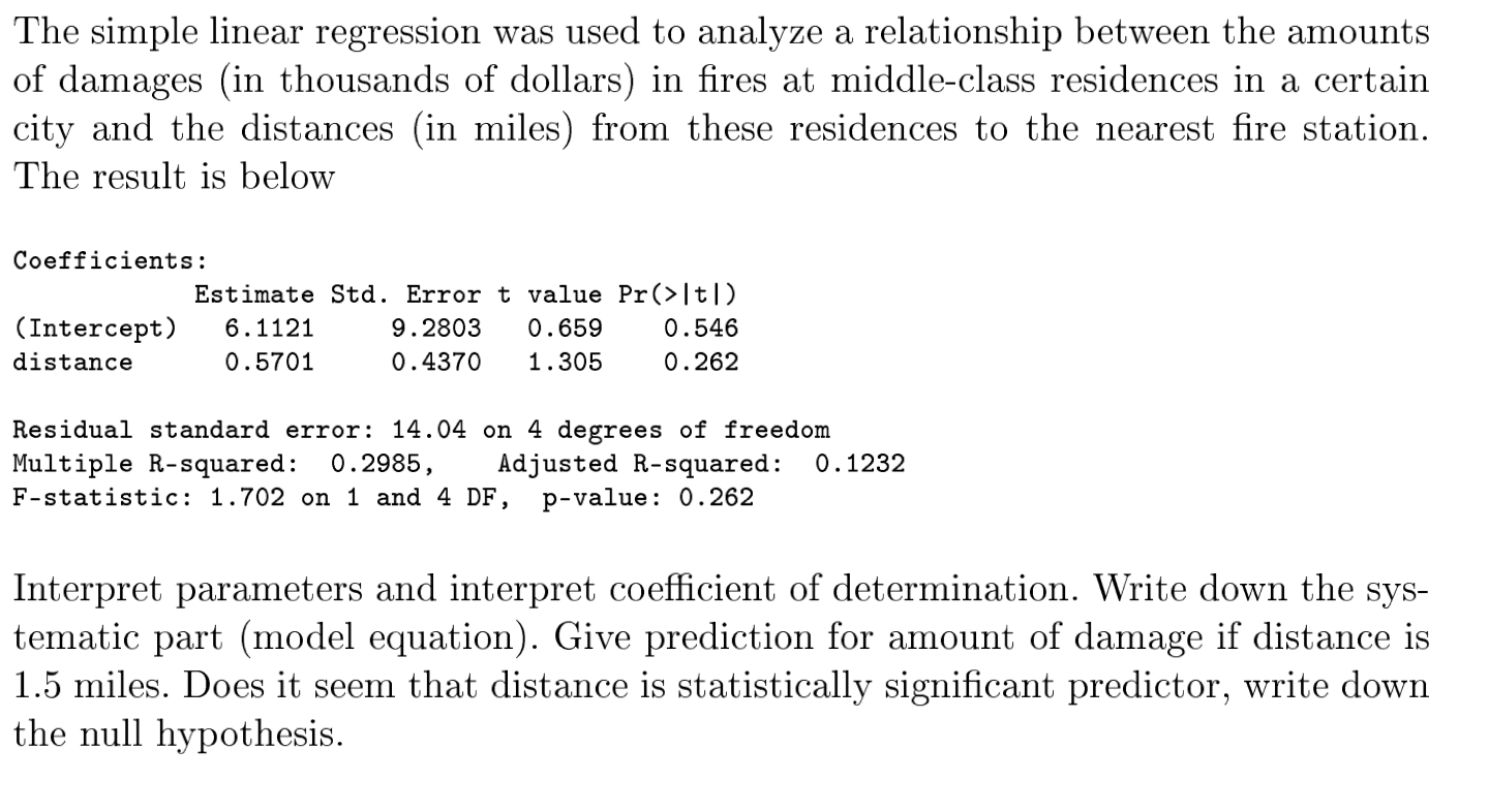 Solved The simple linear regression was used to analyze a | Chegg.com