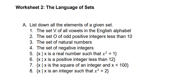 Solved Worksheet 2: The Language of Sets A. List down all | Chegg.com