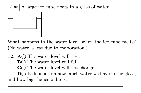Solved 1 ﻿pt A large ice cube floats in a glass of | Chegg.com