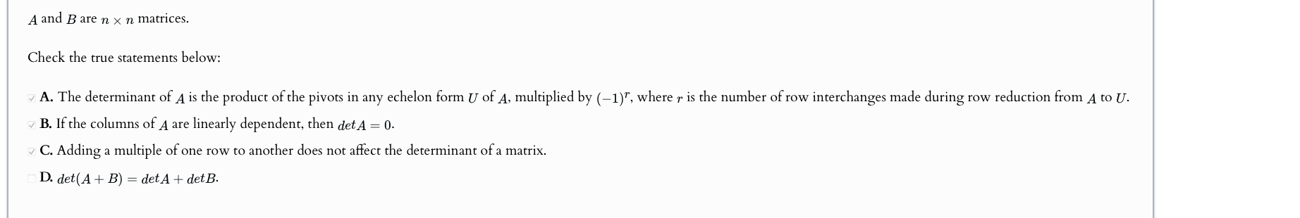 Solved A and B ﻿are n×n ﻿matrices.Check the true statements | Chegg.com