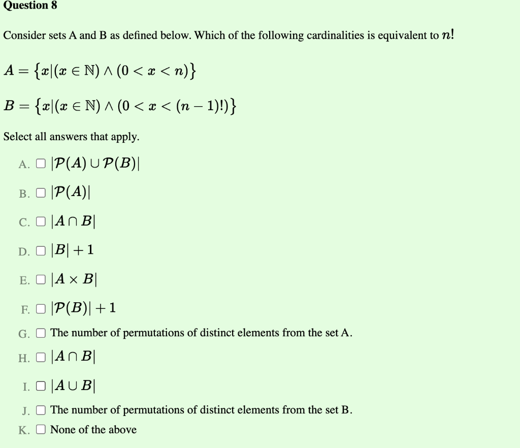 Solved Question 8 Consider sets A and B as defined below. | Chegg.com